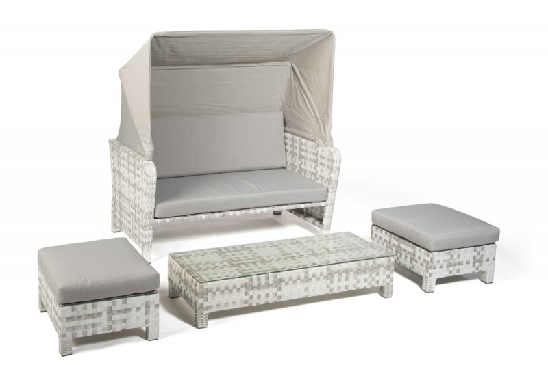 Rattan Lounge - Florida Strandkorb - Grau Weiss - Gartenmöbel - Rattanmöbel